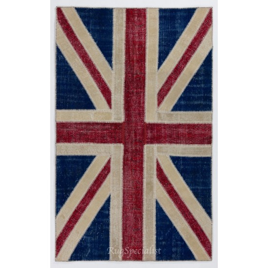 Union Jack British Flag Design Hand-Knotted Patchwork Rug in Blue, Red ...